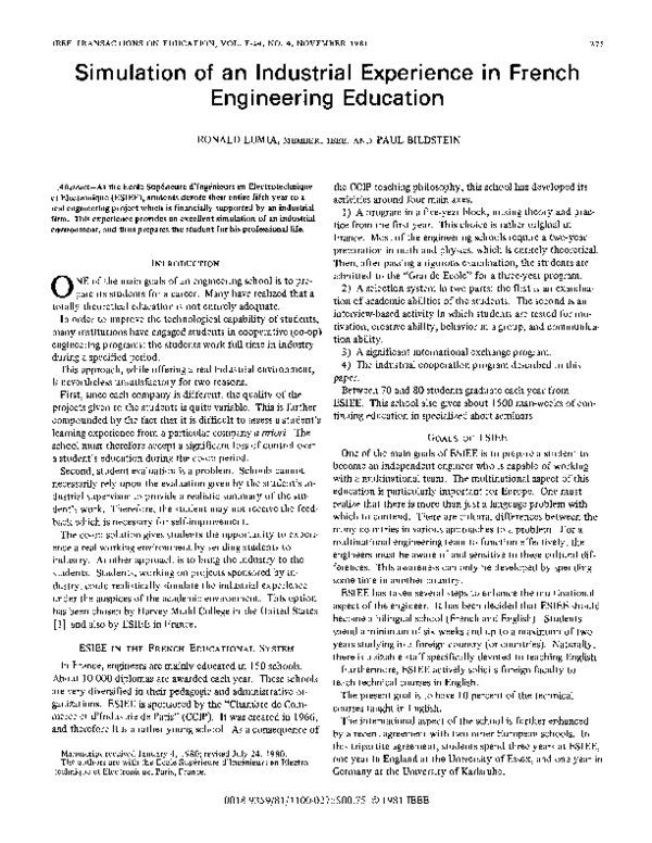 (PDF) Simulation of an Industrial Experience in French Engineering ...