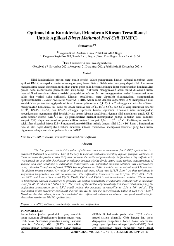 (PDF) Optimasi dan Karakterisasi Membran Kitosan Tersulfonasi Untuk Aplikasi Direct Methanol ...