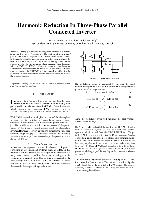 (PDF) Harmonic Reduction In Three-Phase Parallel Connected Inverter