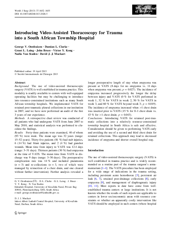 Introducing Video-Assisted Thoracoscopy for Trauma into a South African ...