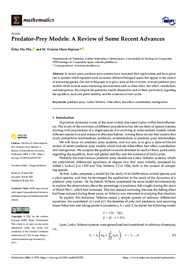 (PDF) Predator–Prey Models: A Review of Some Recent Advances