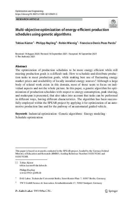 (PDF) Multi-objective optimization of energy-efficient production schedules using genetic ...