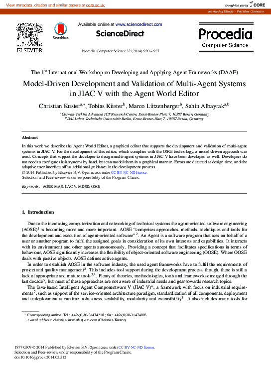 (PDF) Model-driven Development and Validation of Multi-agent Systems in JIAC V with the Agent ...