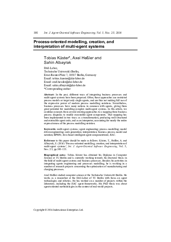 (PDF) Process-oriented modelling, creation, and interpretation of multi-agent systems | Tobias ...