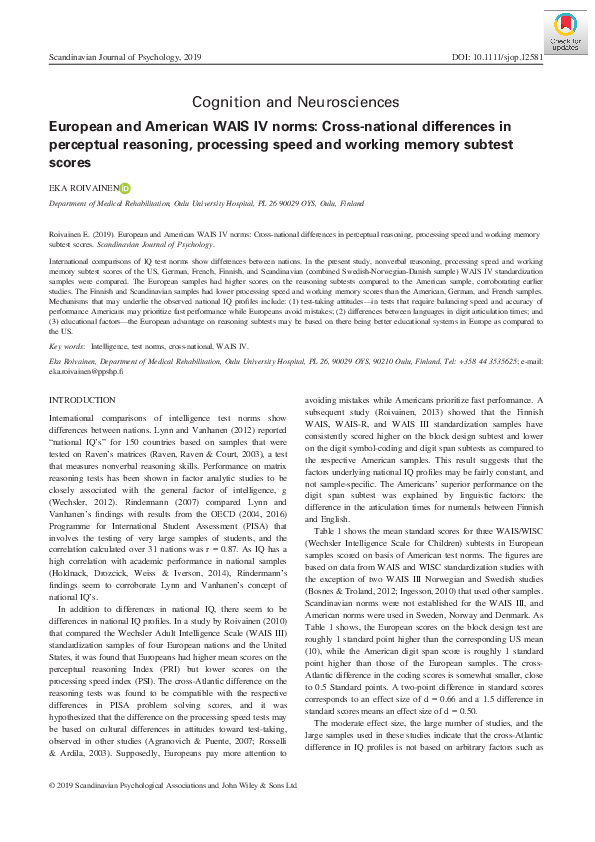(PDF) European and American WAIS IV norms: Cross‐national differences ...