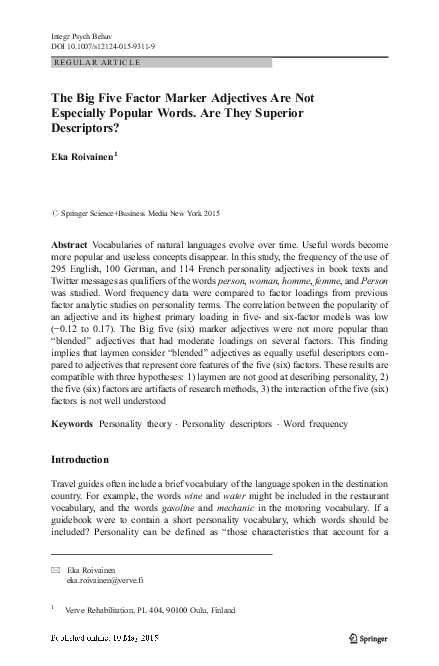 (PDF) The Big Five Factor Marker Adjectives Are Not Especially Popular ...
