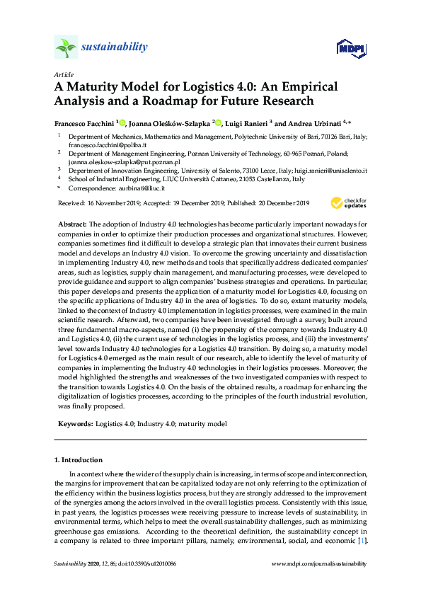 (PDF) A Maturity Model for Logistics 4.0: An Empirical Analysis and a ...