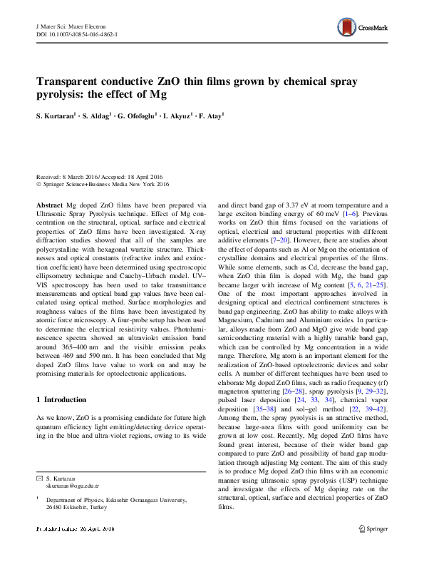 (PDF) Transparent conductive ZnO thin films grown by chemical spray pyrolysis: the effect of Mg
