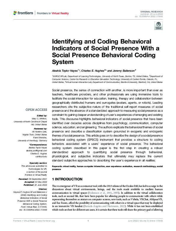 (PDF) Identifying and Coding Behavioral Indicators of Social Presence With a Social Presence ...