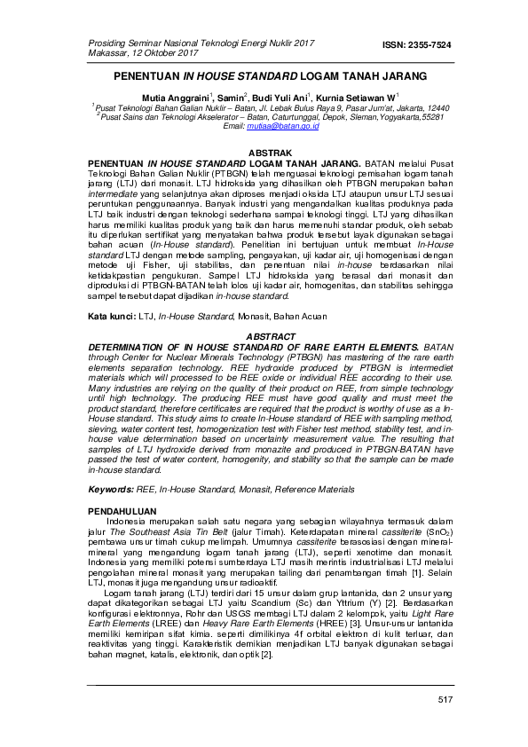 (PDF) Penentuan In House Standard Logam Tanah Jarang | Mutia Anggraini ...