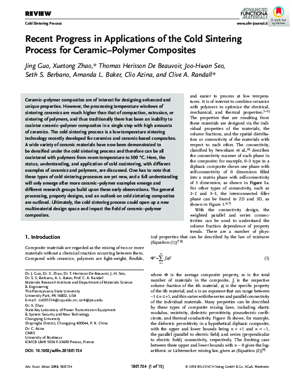 (PDF) Recent Progress in Applications of the Cold Sintering Process for ...