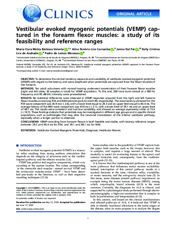 (PDF) Vestibular evoked myogenic potentials (VEMP) captured in the forearm flexor muscles: a ...