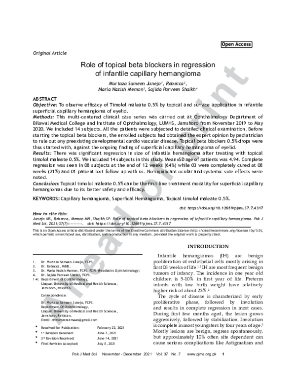 (PDF) Role of topical beta blockers in regression of infantile ...