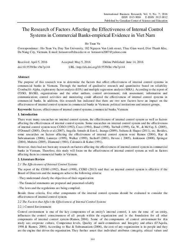 (PDF) The Research of Factors Affecting the Effectiveness of Internal Control Systems in ...