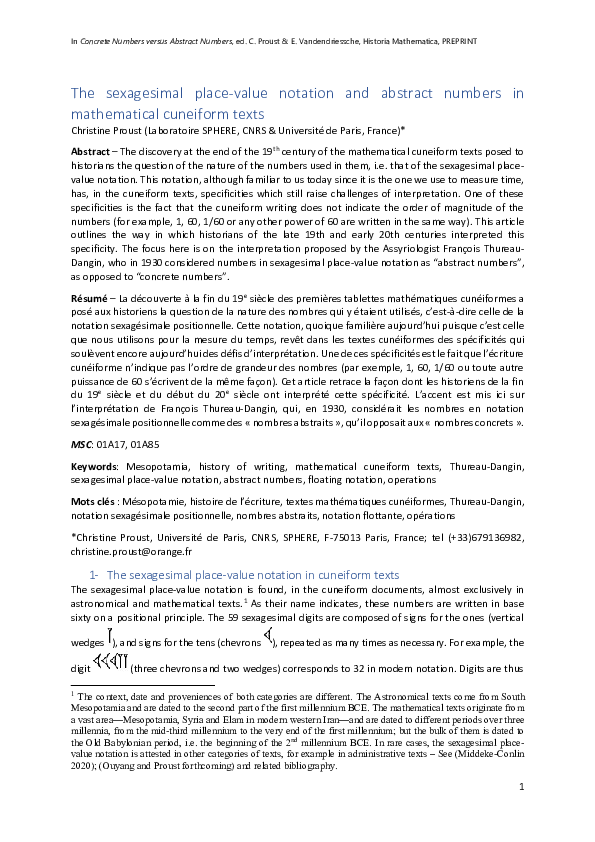 (PDF) The sexagesimal place-value notation and abstract numbers in mathematical cuneiform texts ...