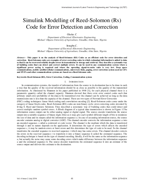 Pdf Simulink Modelling Of Reed Solomon Rs Code For Error Detection And Correction