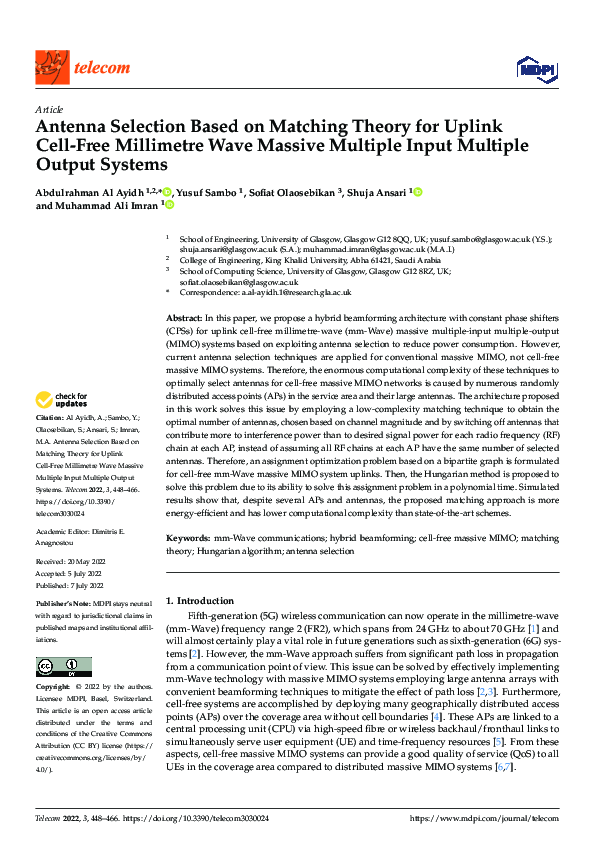 Pdf Antenna Selection Based On Matching Theory For Uplink Cell Free Millimetre Wave Massive 