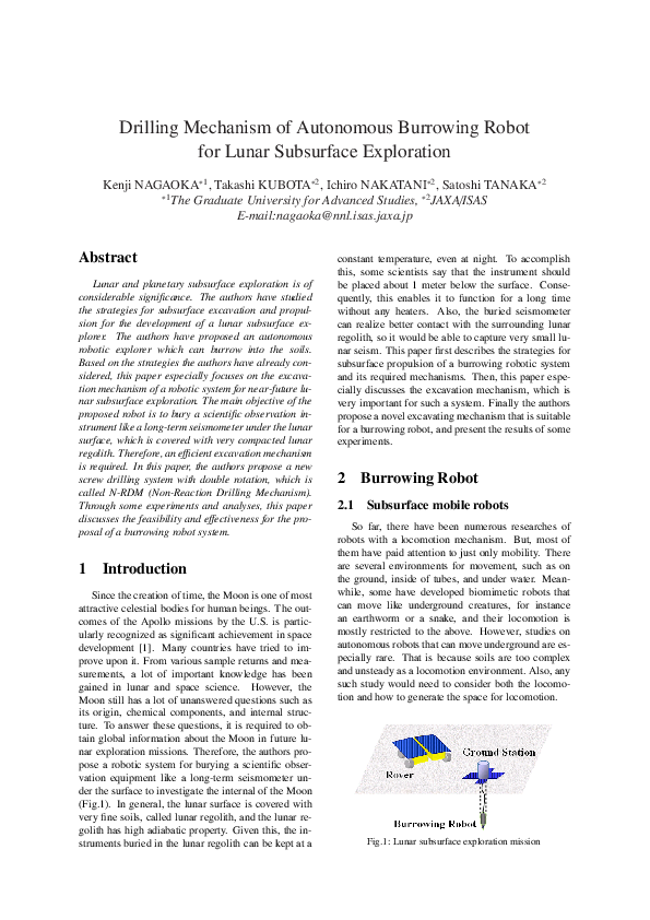 (PDF) Drilling Mechanism of Autonomous Burrowing Robot for Lunar Subsurface Exploration