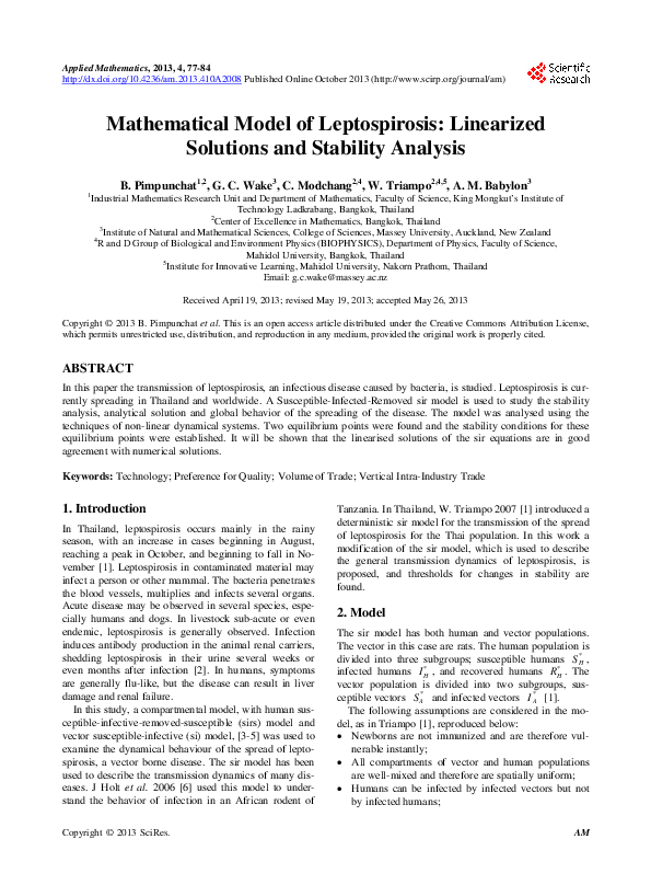 (PDF) Mathematical Model of Leptospirosis: Linearized Solutions and Stability Analysis