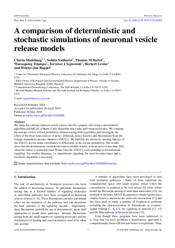 (PDF) A comparison of deterministic and stochastic simulations of neuronal vesicle release models