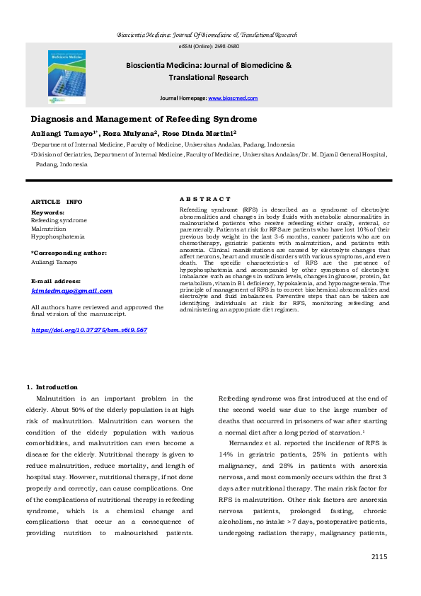 (PDF) Diagnosis and Management of Refeeding Syndrome
