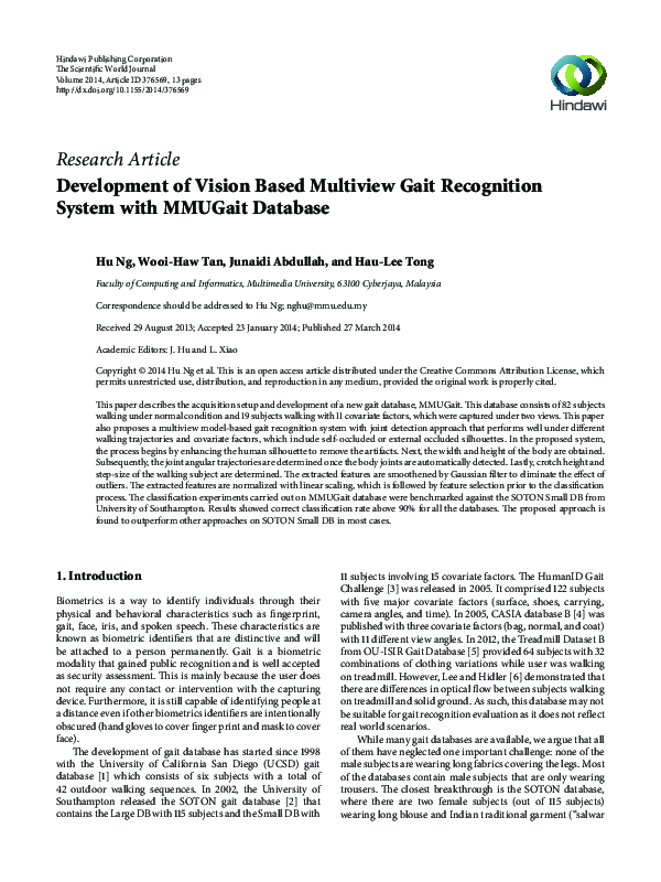 (PDF) Development of Vision Based Multiview Gait Recognition System with MMUGait Database
