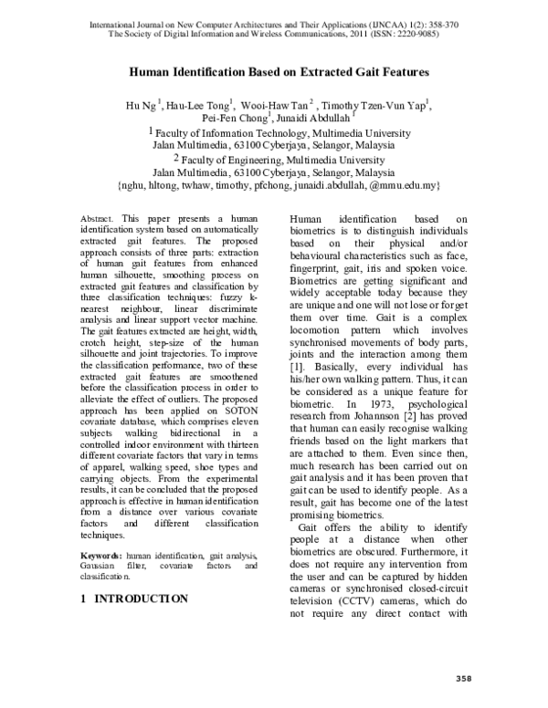 (PDF) Human Identification Based on Extracted Gait Features