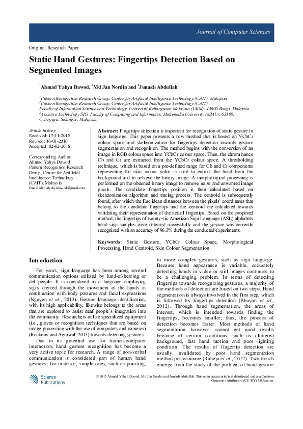 (PDF) Static Hand Gestures: Fingertips Detection Based on Segmented Images