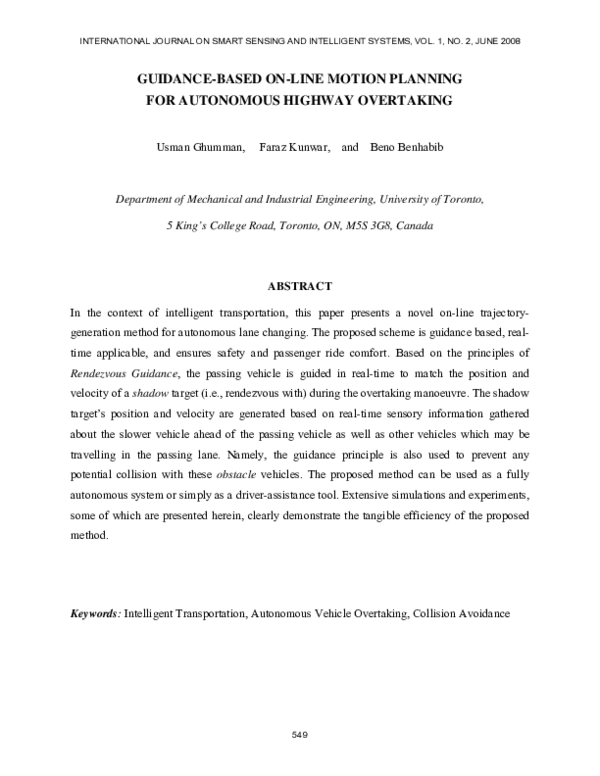 (PDF) Guidance-Based On-Line Motion Planning For Autonomous Highway Overtaking