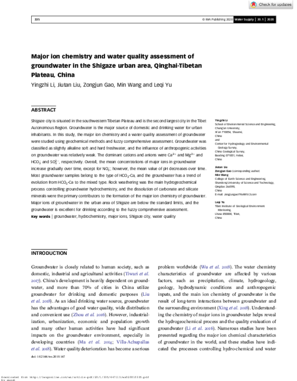 (PDF) Major ion chemistry and water quality assessment of groundwater in the Shigaze urban area ...
