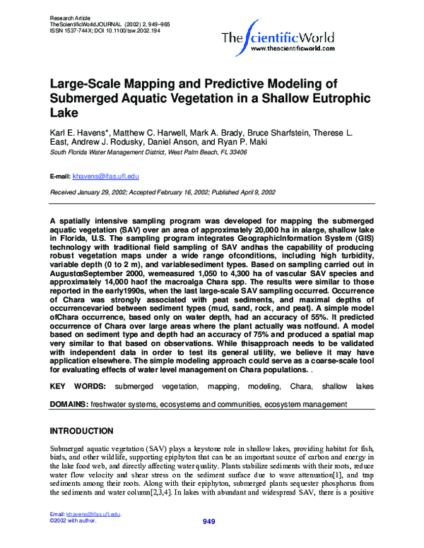 (PDF) Large-Scale Mapping and Predictive Modeling of Submerged Aquatic Vegetation in a Shallow ...