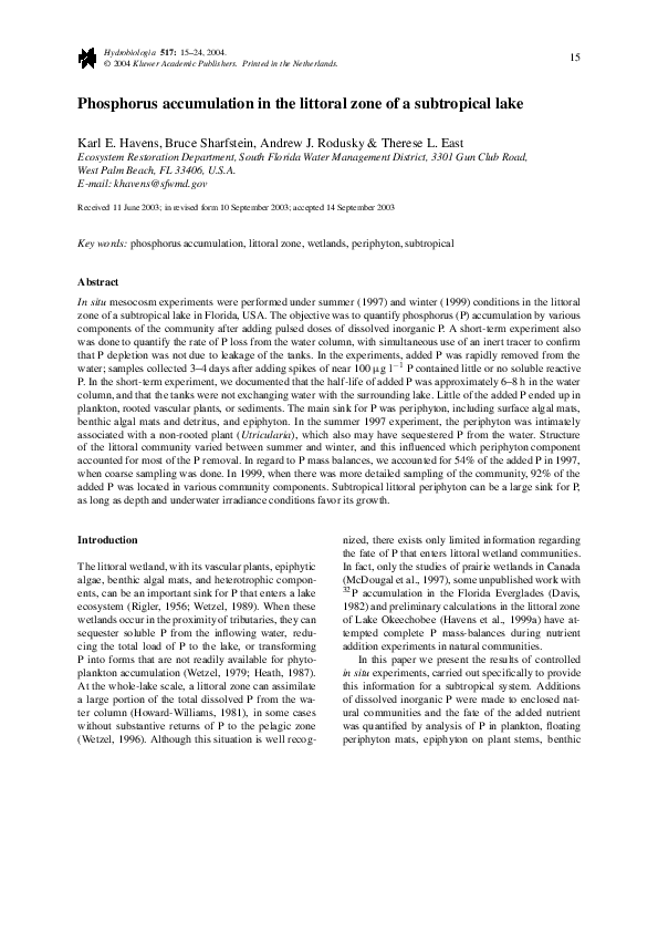 (PDF) Phosphorus accumulation in the littoral zone of a subtropical lake