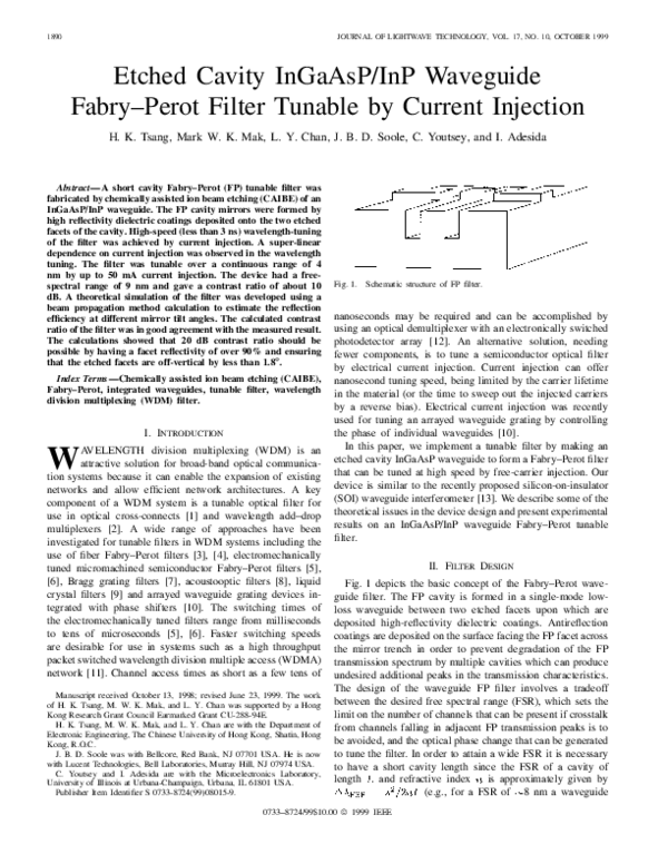 (PDF) Etched cavity InGaAsP-InP waveguide Fabry-Perot filter tunable by current injection