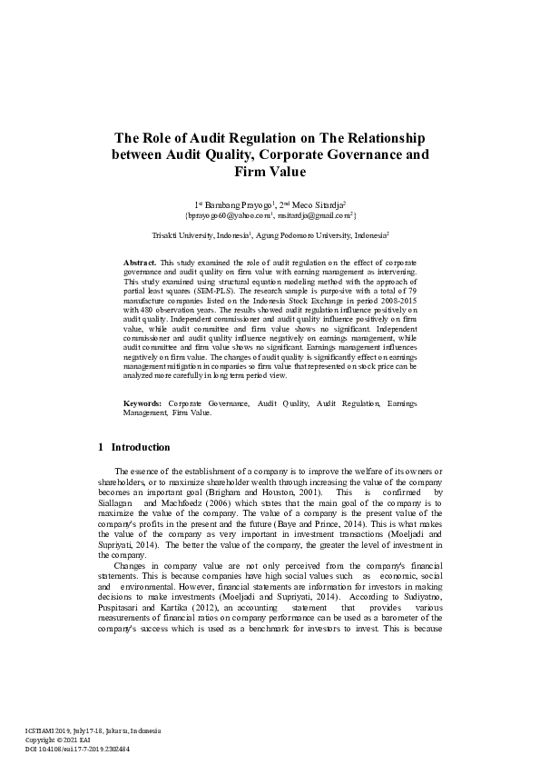 (PDF) The Role of Audit Regulation on The Relationship between Audit Quality, Corporate ...