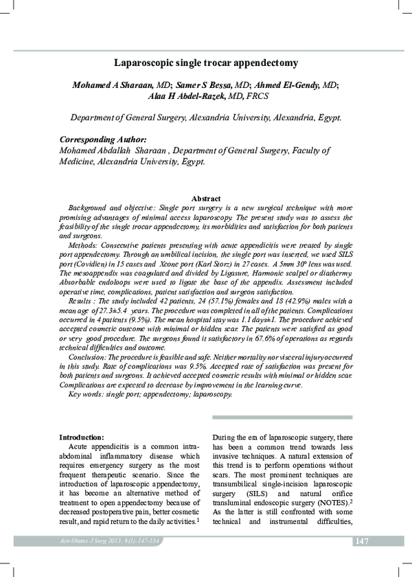 (PDF) Laparoscopic single trocar appendectomy