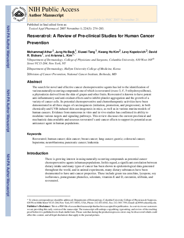 (PDF) Resveratrol: A review of preclinical studies for human cancer ...