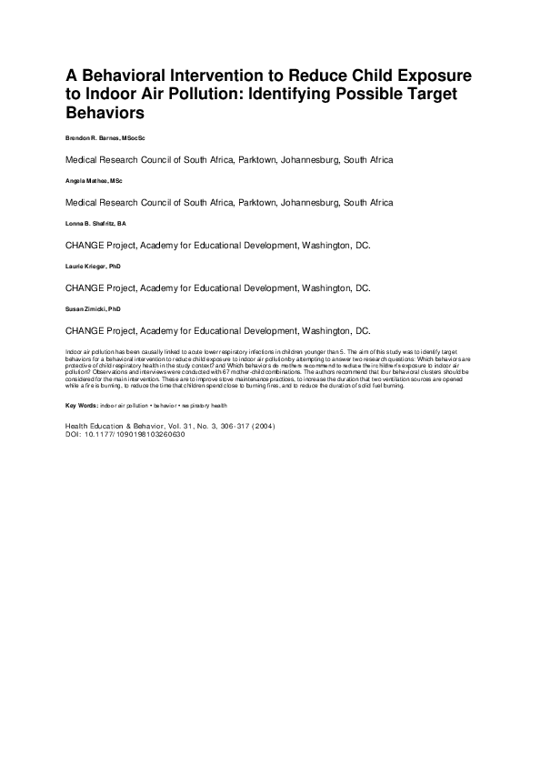 (PDF) A Behavioral Intervention to Reduce Child Exposure to Indoor Air ...