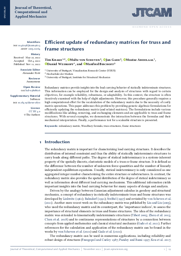 Pdf Efficient Update Of Redundancy Matrices For Truss And Frame