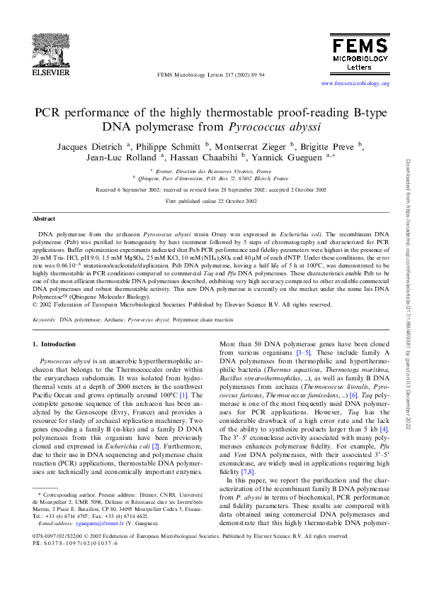 (PDF) PCR performance of the highly thermostable proof-reading B-type ...