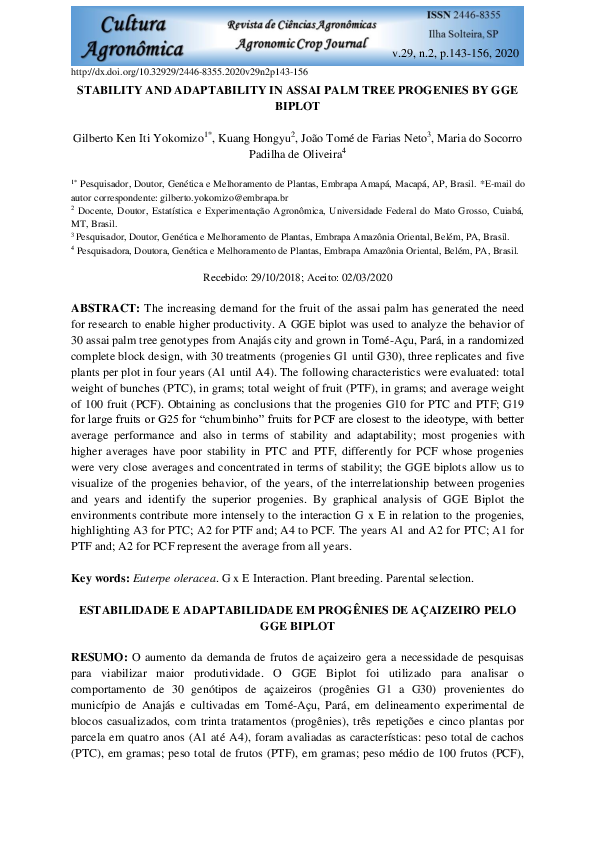 (PDF) Stability and adaptability in assai palm tree progenies by gge biplot