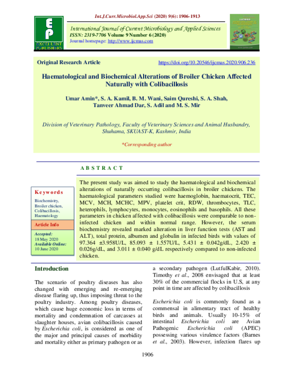 (PDF) Haematological and Biochemical Alterations of Broiler Chicken Affected Naturally with ...