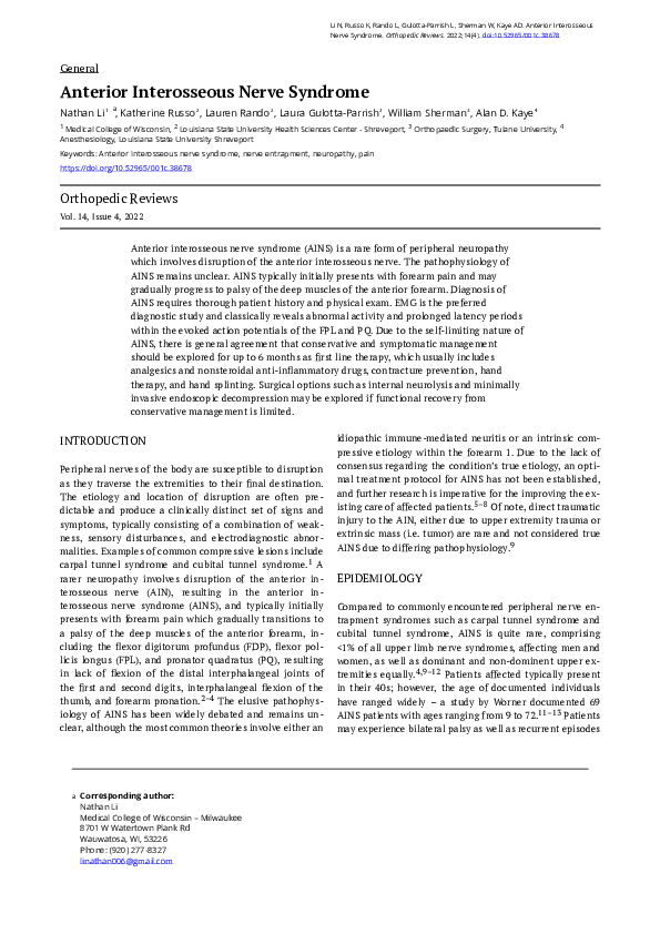 (PDF) Anterior Interosseous Nerve Syndrome