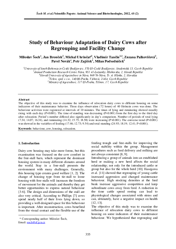 (PDF) Study of Behaviour Adaptation of Dairy Cows after Regrouping and Facility Change | Jan ...