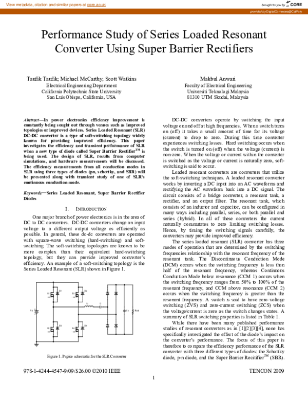 (PDF) Performance study of Series Loaded Resonant converter using super barrier rectifiers
