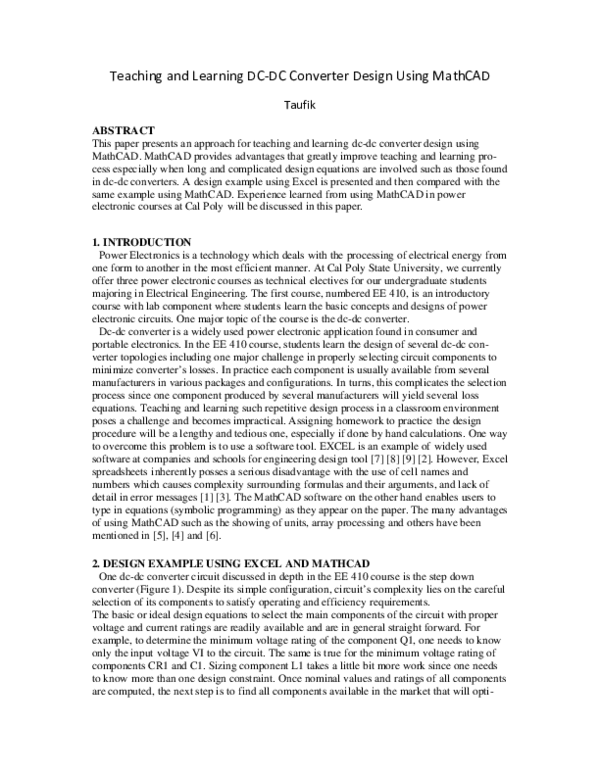 (PDF) Teaching and learning DC-DC converter design using MathCAD