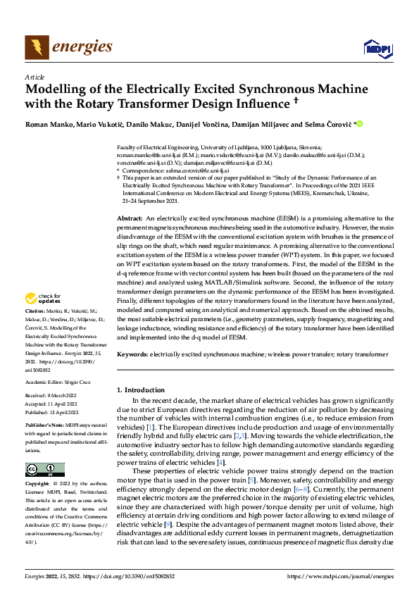 Pdf Modelling Of The Electrically Excited Synchronous Machine With The Rotary Transformer