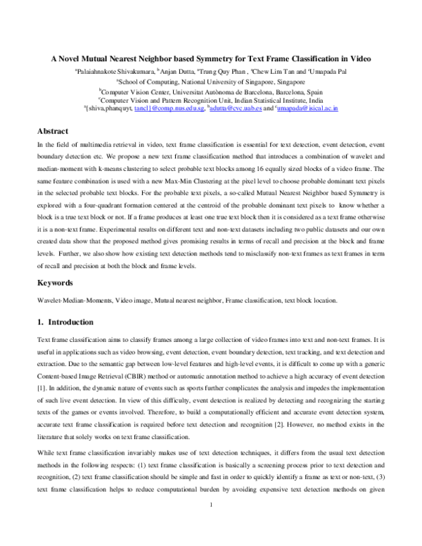 (PDF) A novel mutual nearest neighbor based symmetry for text frame classification in video