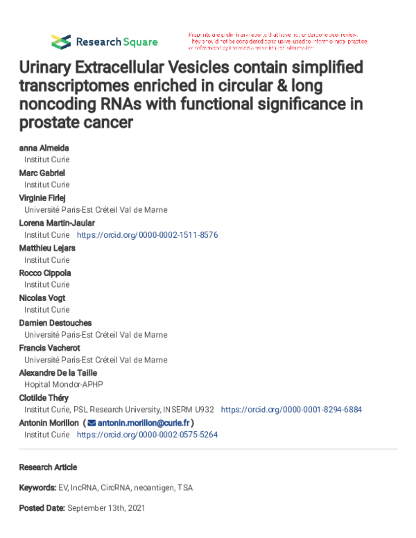 (PDF) Urinary Extracellular Vesicles contain simplified transcriptomes enriched in circular ...