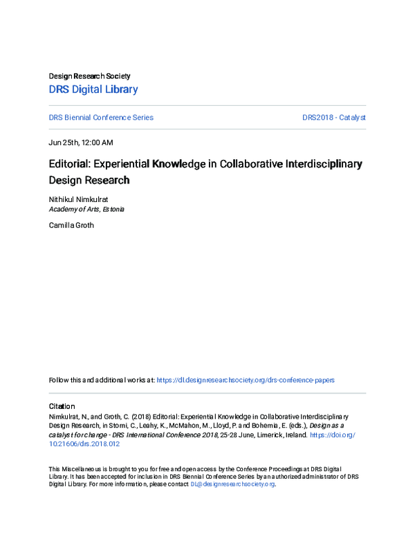 (PDF) Editorial: Experiential Knowledge in Collaborative Interdisciplinary Design Research