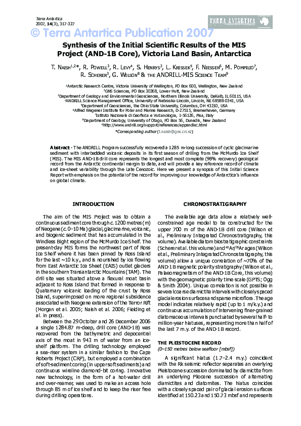 Synthesis of the initial scientific results of the MIS Project (AND-1B ...